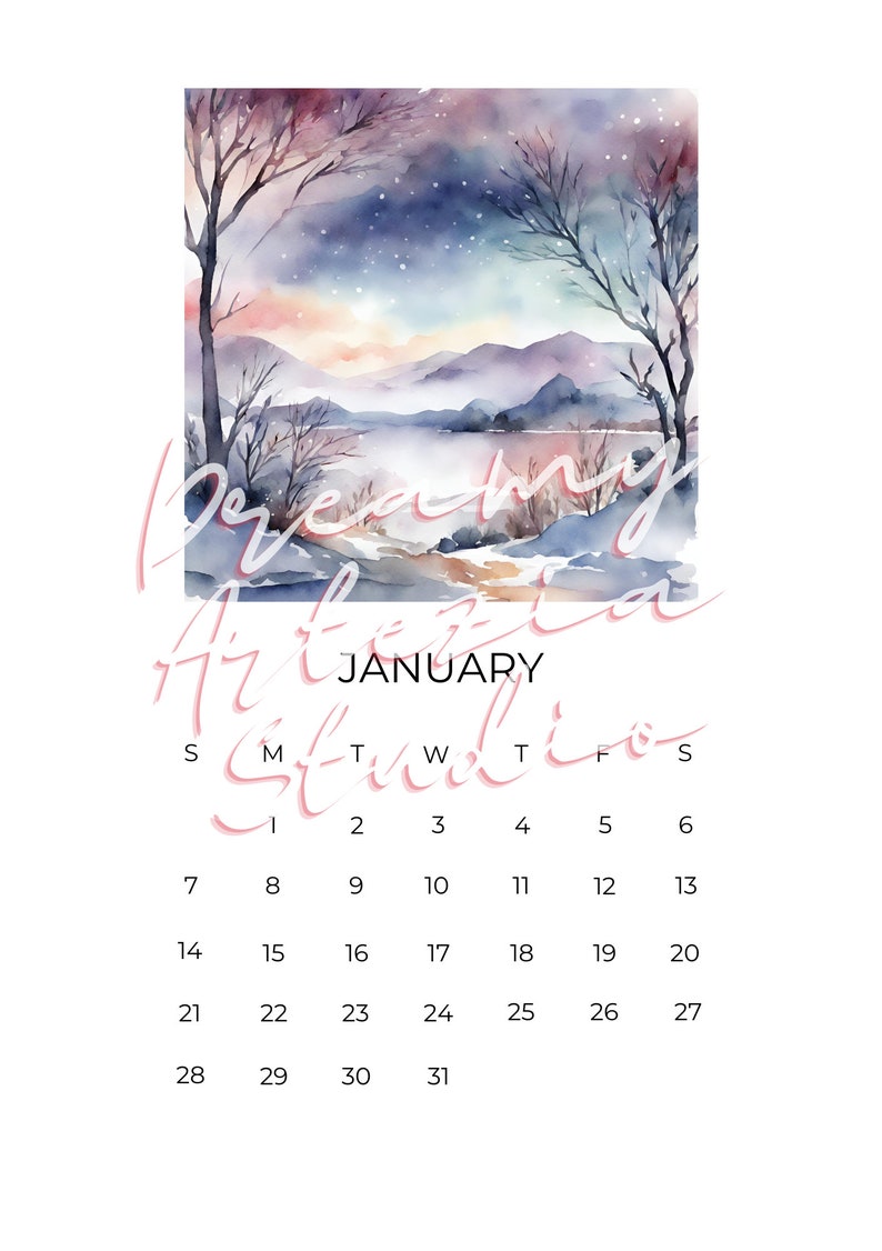 Printable Monthly Calendar 2024 With Watercolor Nature Landscapes ...