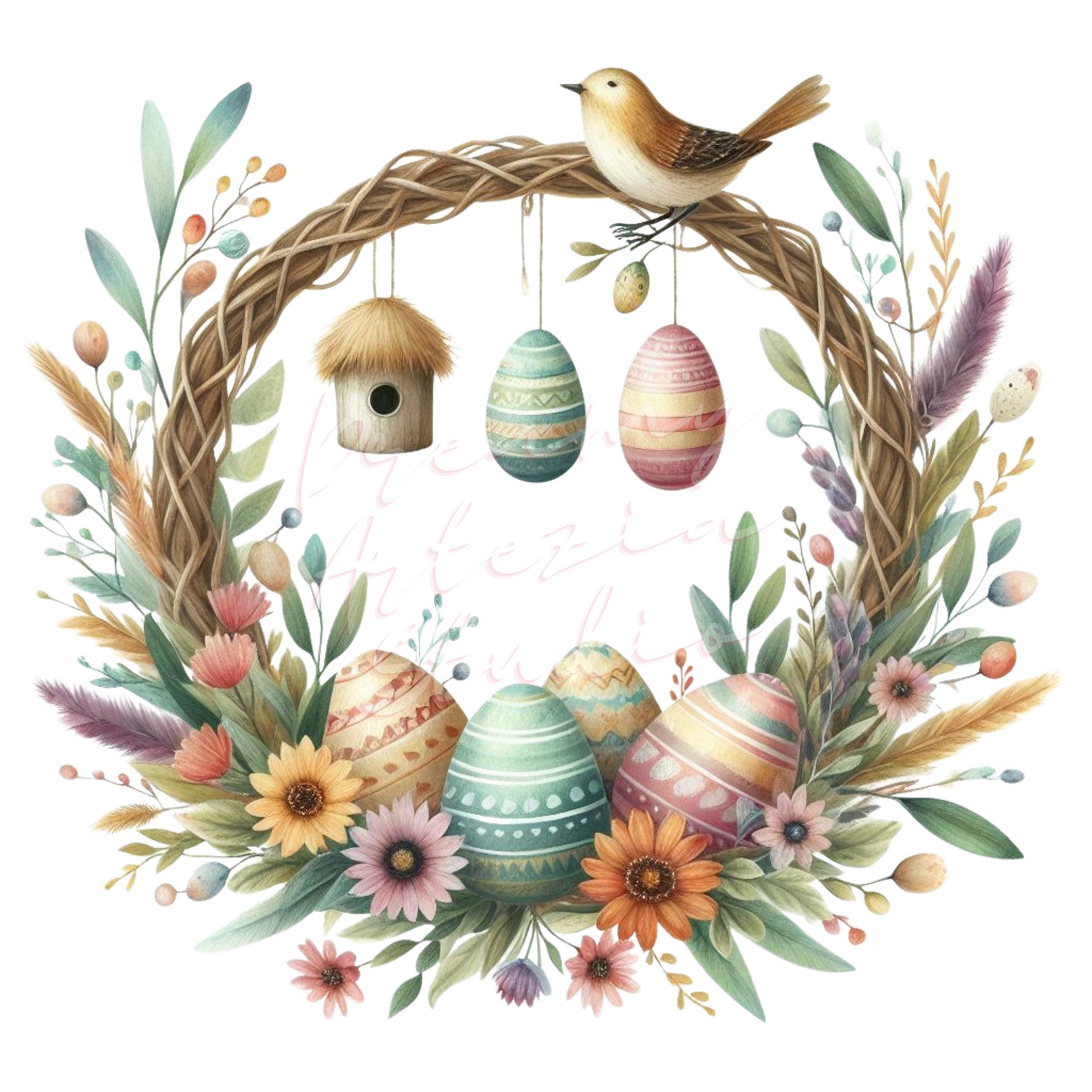 Easter Wreath Clipart Bundle - 24 Watercolor PNG Illustrations, Boho ...