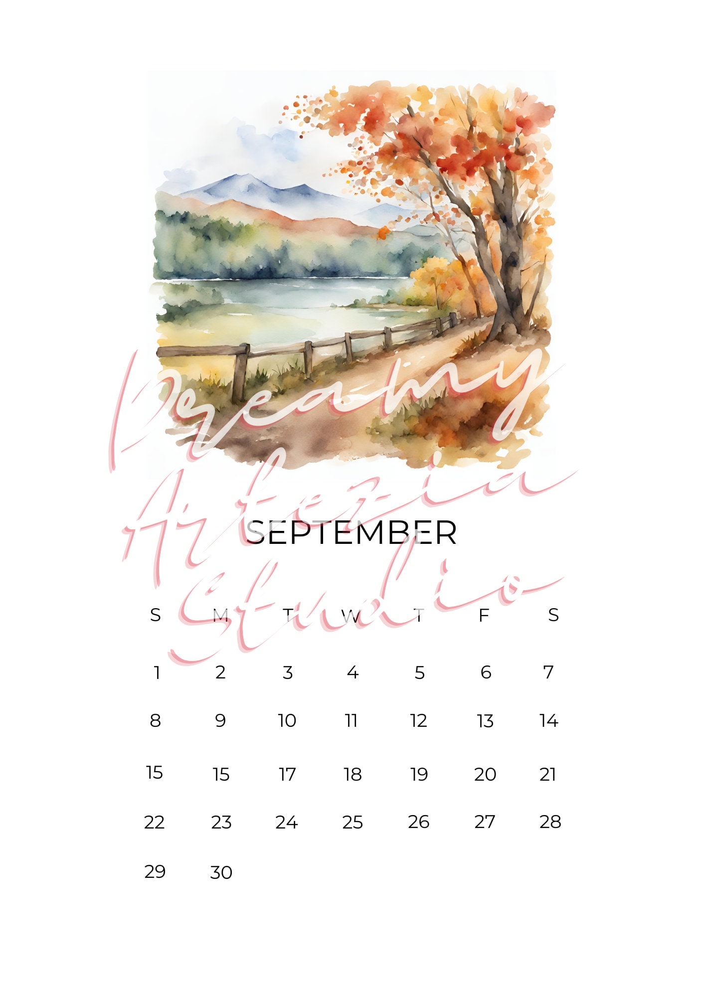 Printable Monthly Calendar 2024 With Watercolor Nature Landscapes ...