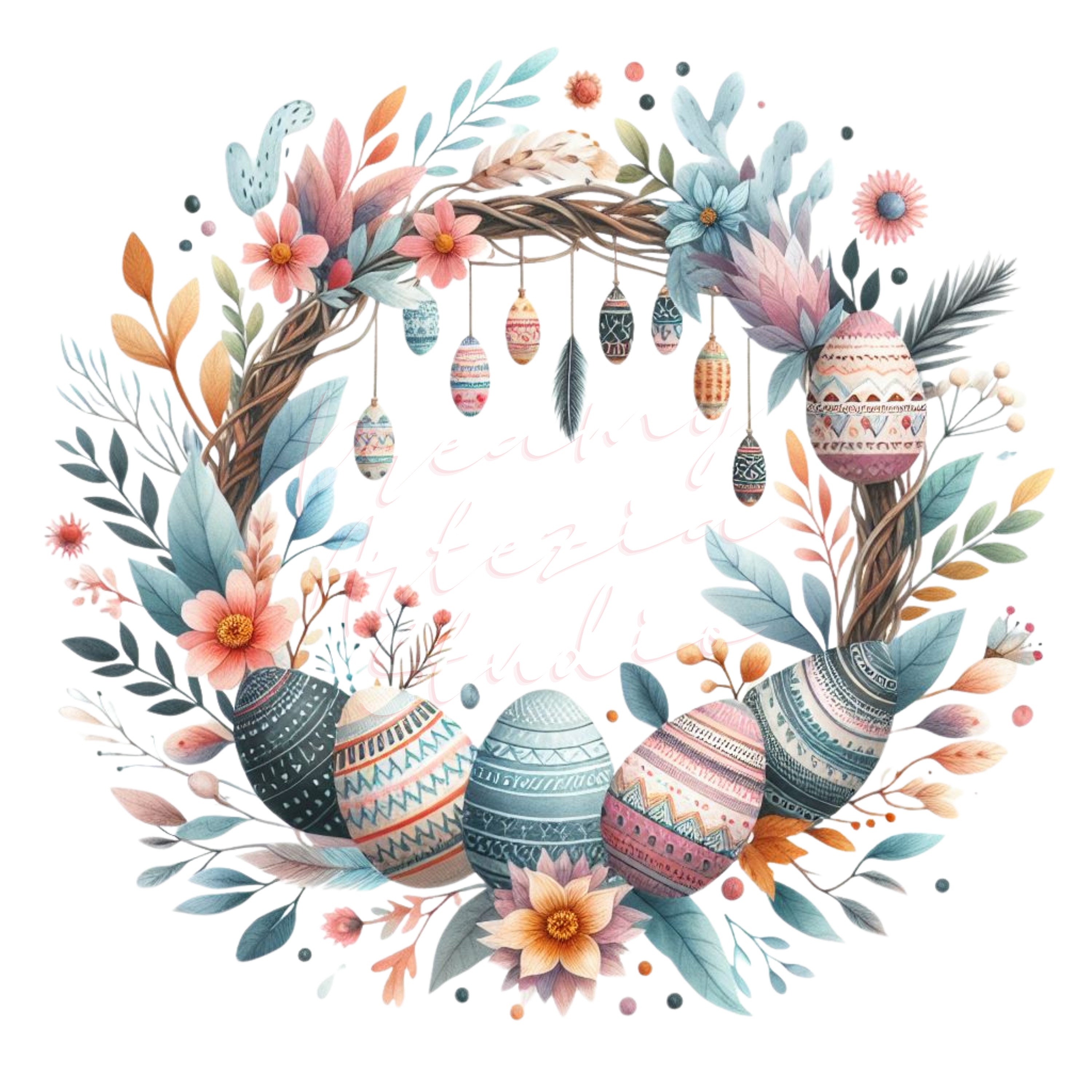 Easter Wreath Clipart Bundle - 24 Watercolor PNG Illustrations, Boho ...