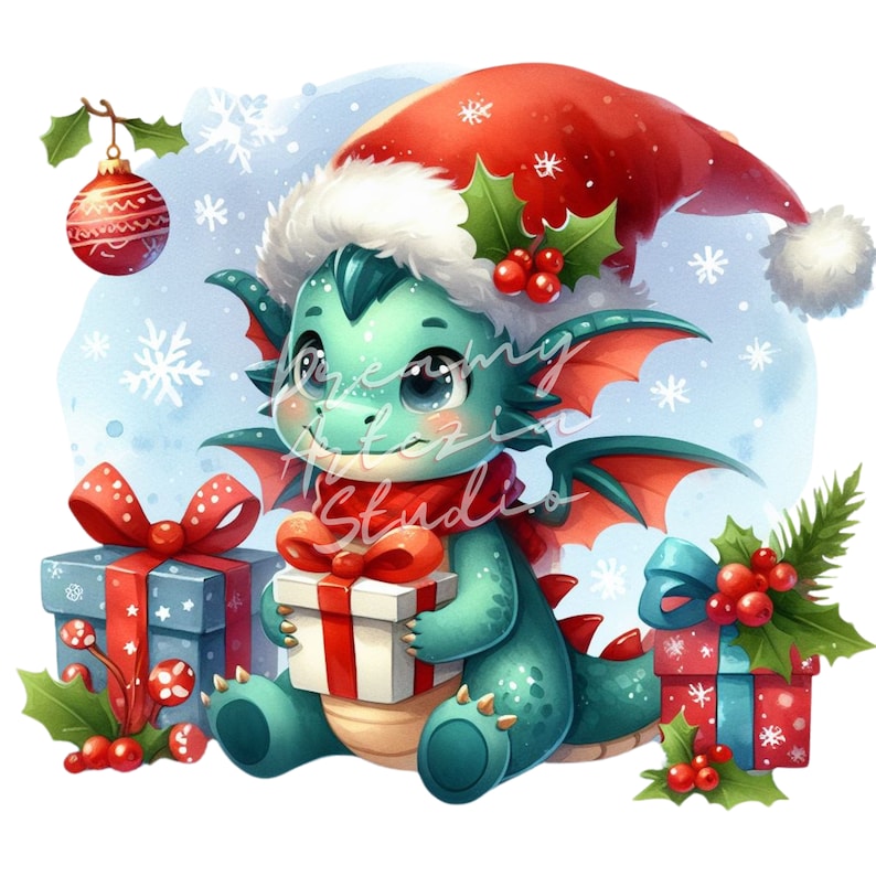 Christmas Dragon Clipart Bundle: Watercolor Holiday PNG Set (digital ...