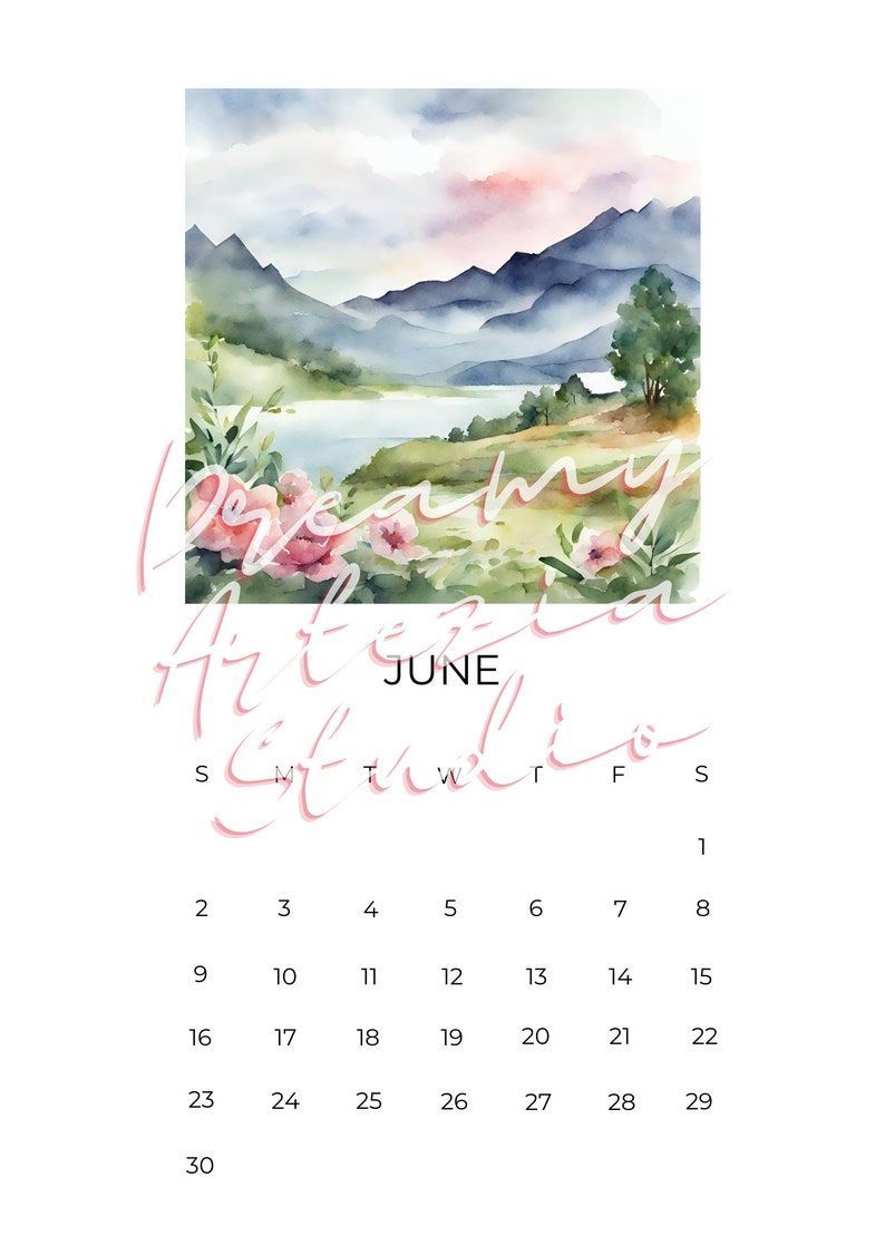 Printable Monthly Calendar 2024 With Watercolor Nature Landscapes ...