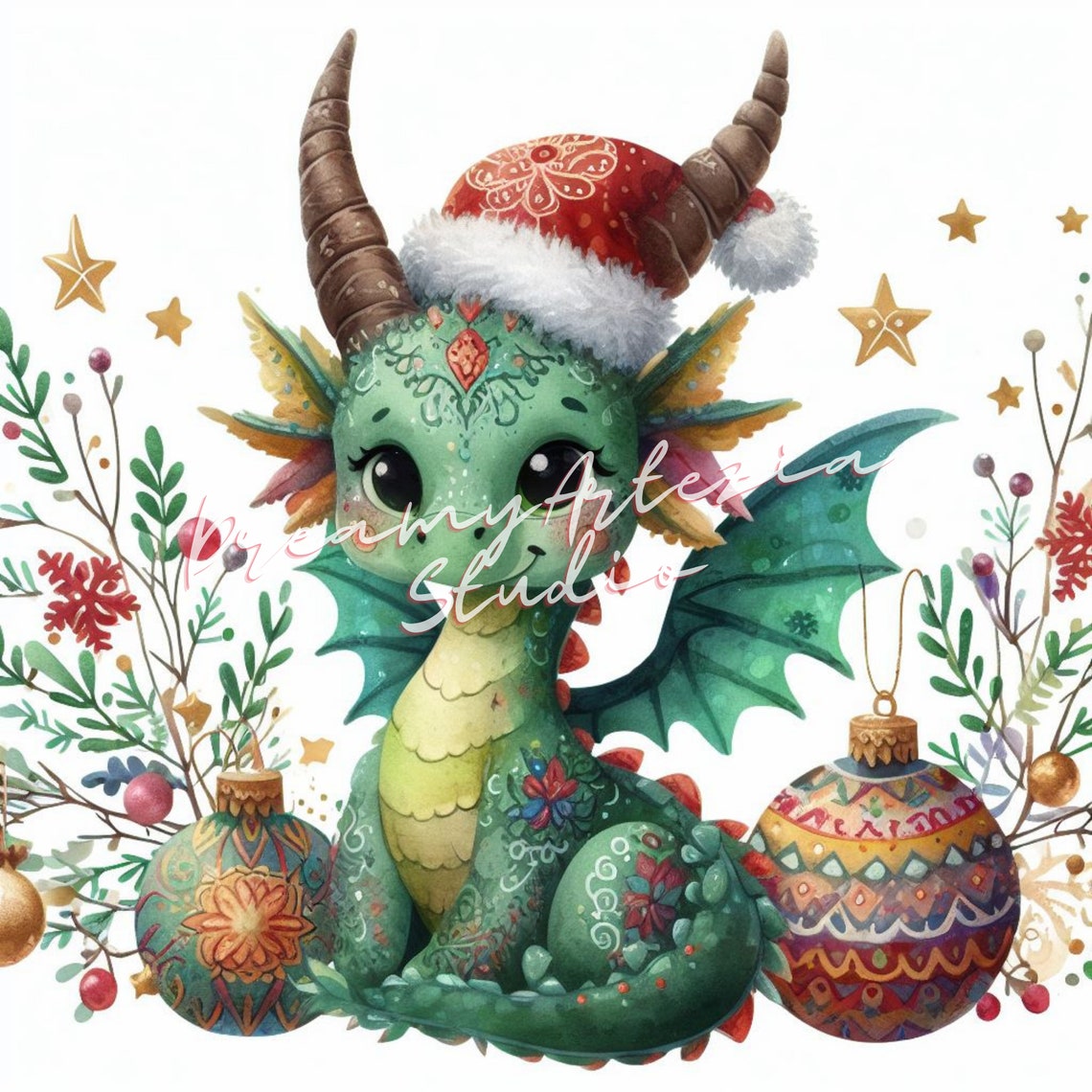 Watercolor Christmas Dragon Cute Clipart PNG JPG Set, 18 Christmas ...
