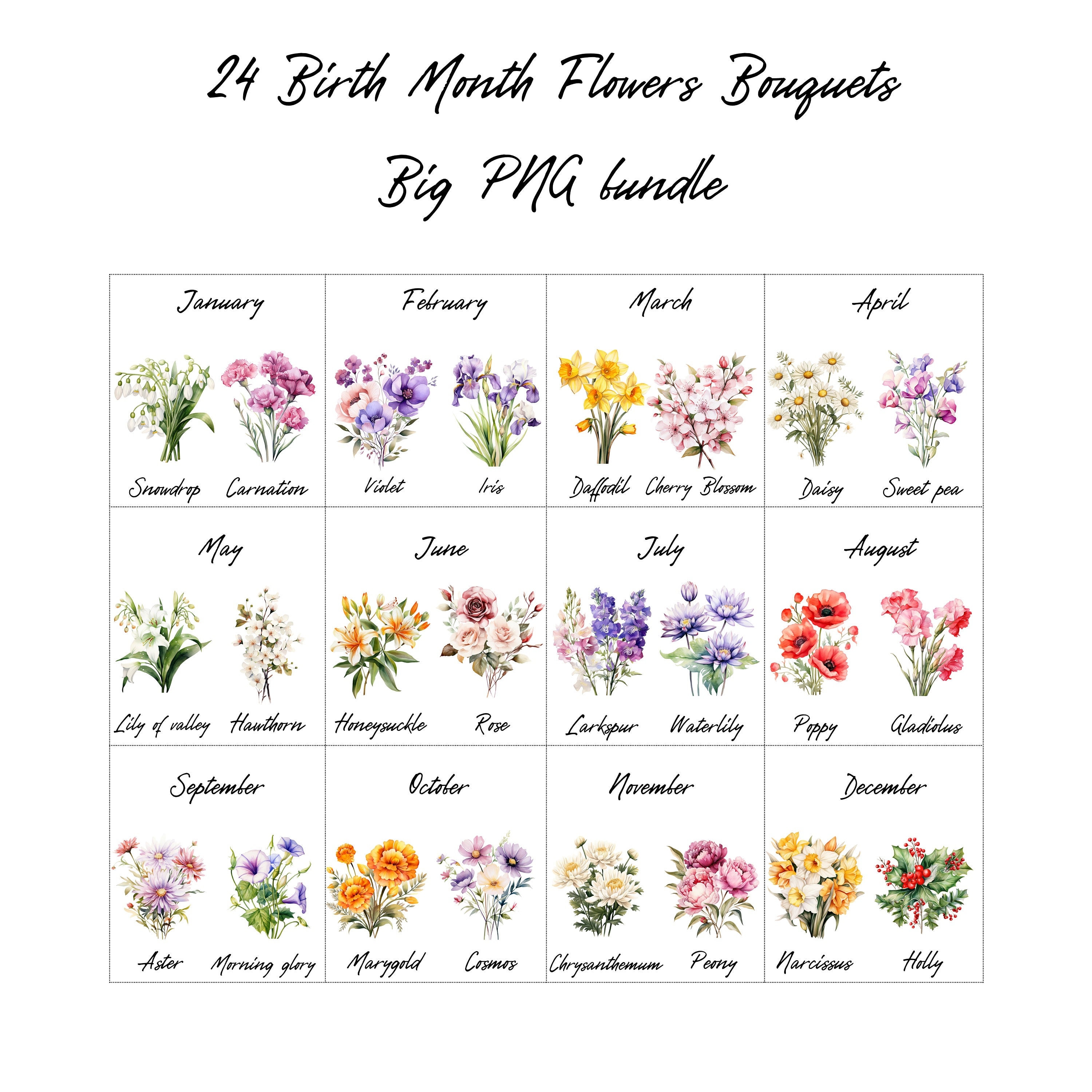 Watercolor Birth Month Flower Kit - 24 Watercolor Bouquets PNG Clipart ...