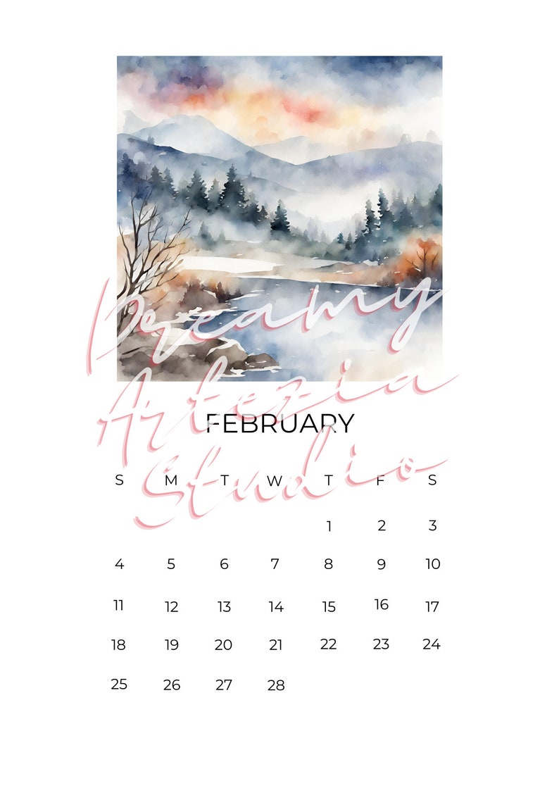 Printable Monthly Calendar 2024 With Watercolor Nature Landscapes ...