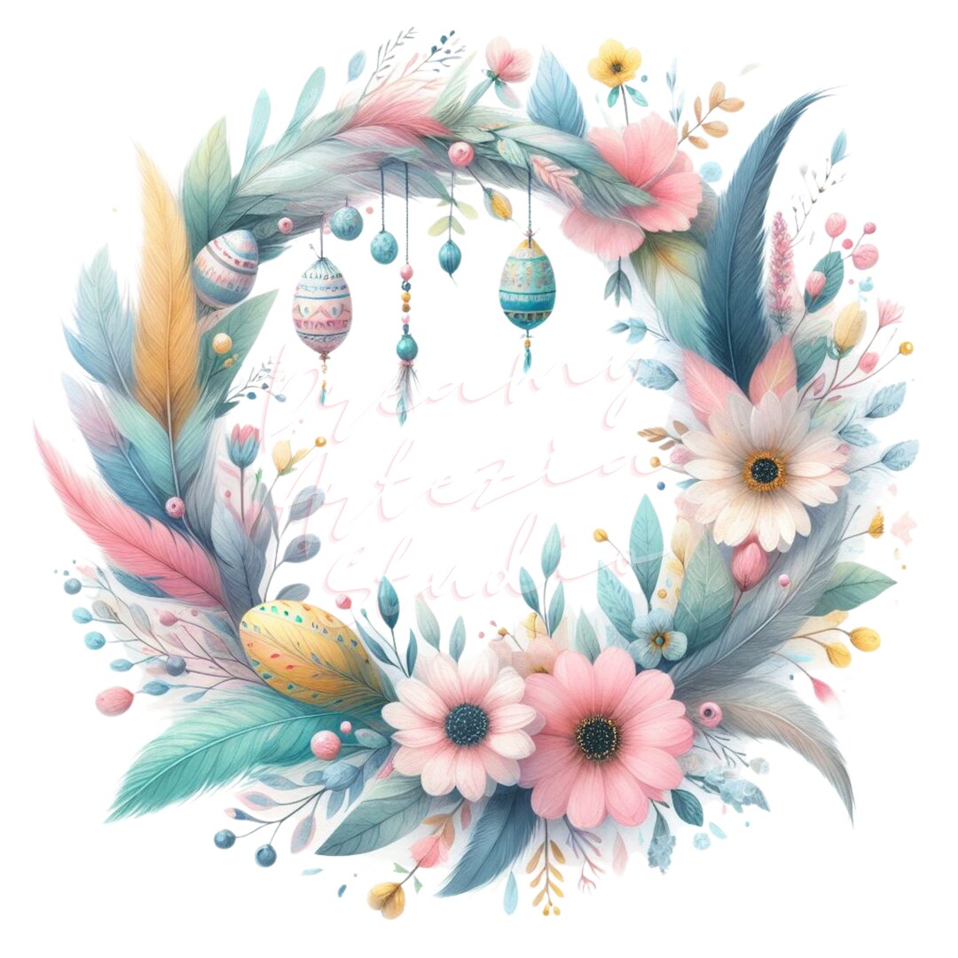 Easter Wreath Clipart Bundle - 24 Watercolor PNG Illustrations, Boho ...