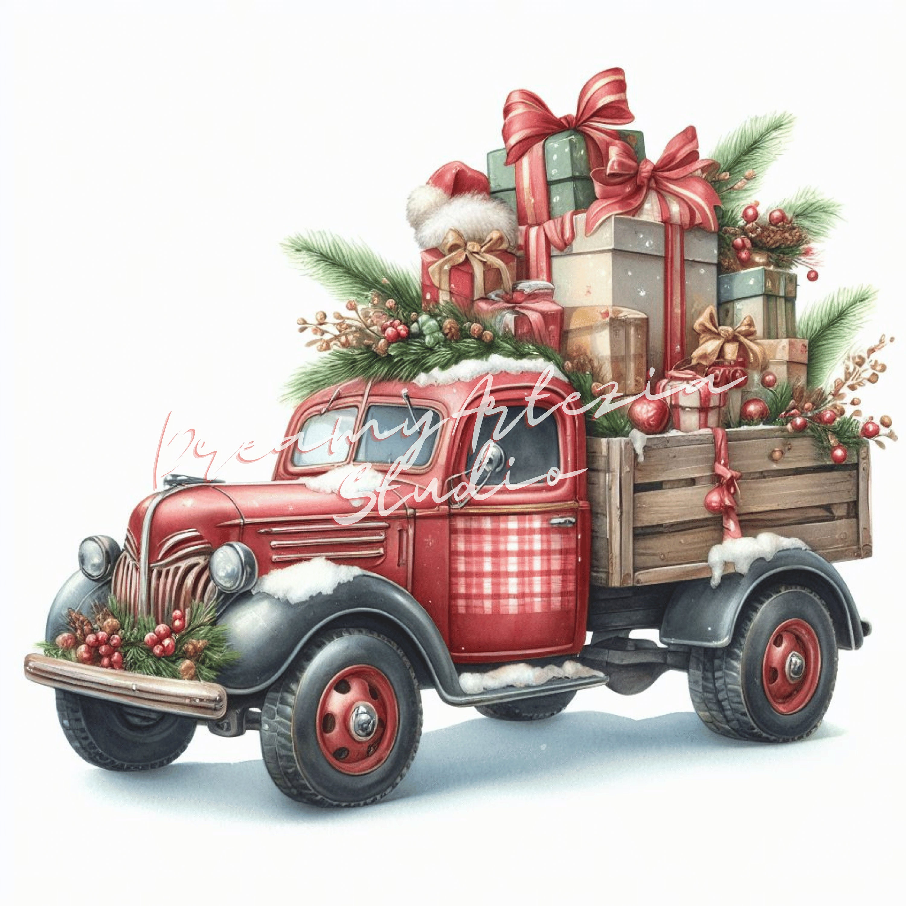 Christmas Truck Png, Watercolor Truck Clipart, Vintage Red Truck Png ...