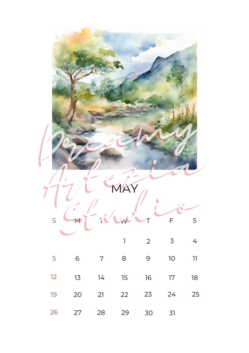 Printable Monthly Calendar 2024 With Watercolor Nature Landscapes ...