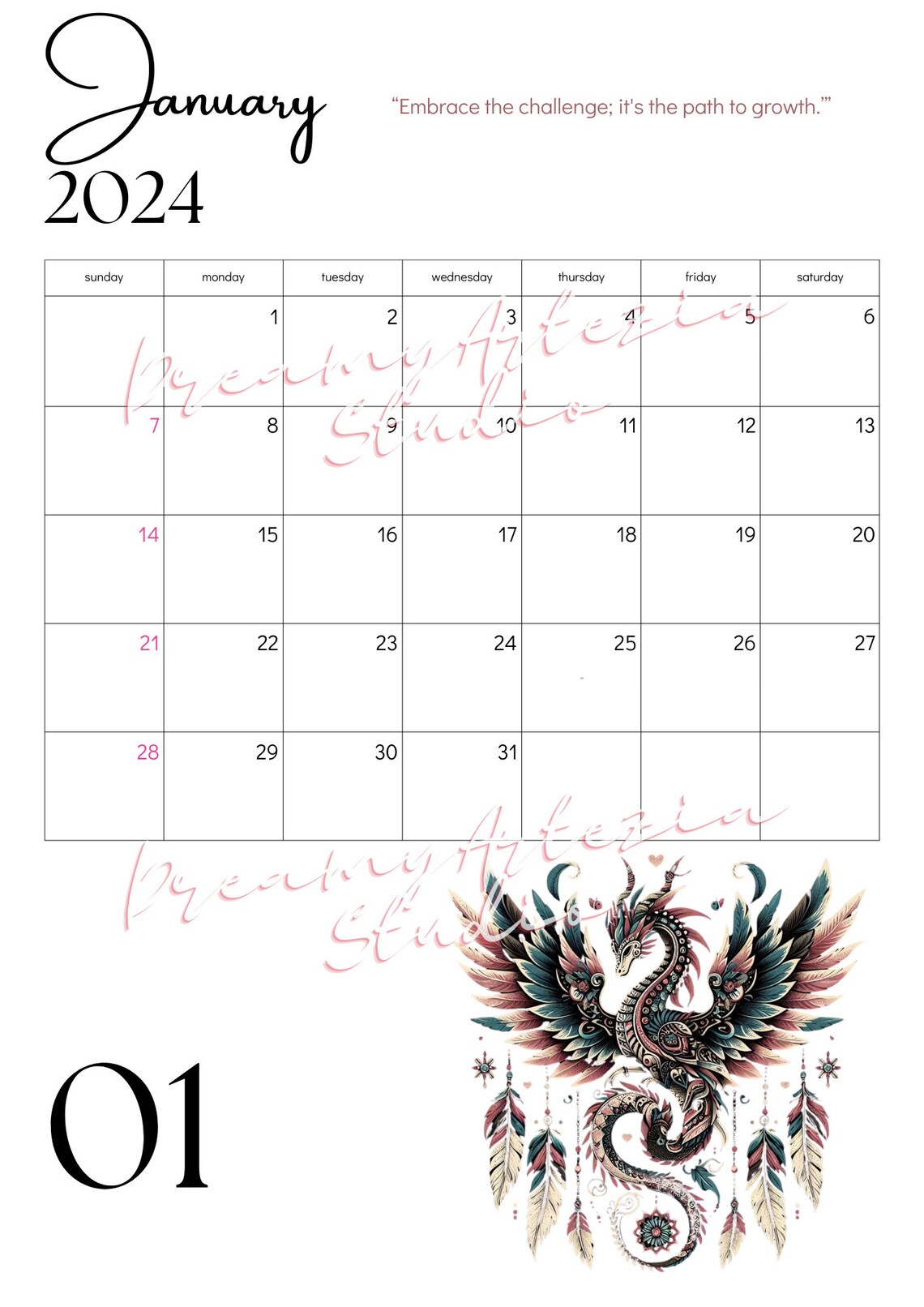 Printable Monthly Calendar 2024 With Notes Section, Beautiful Boho ...