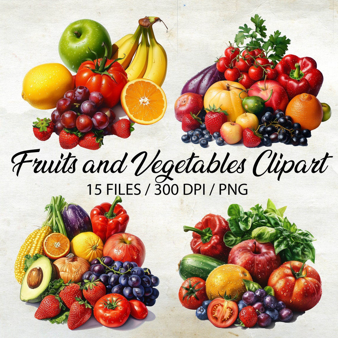 15 Watercolor Fuits and Vegetables PNG Clipart Bundle, Vegetables Plate ...