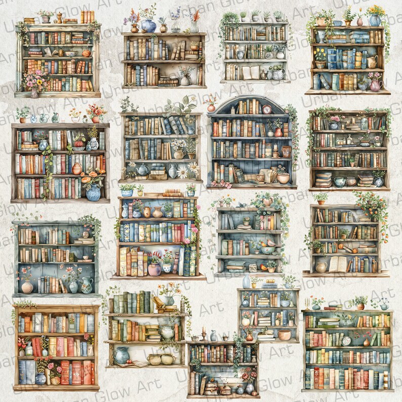 Books Border Bookshelf Watercolor Clipart, Books Watercolour Clipart ...