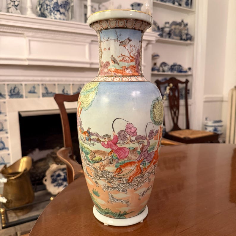 Tally-ho! Vintage Hunt Scene Vase • Famille Rose Porcelain ...