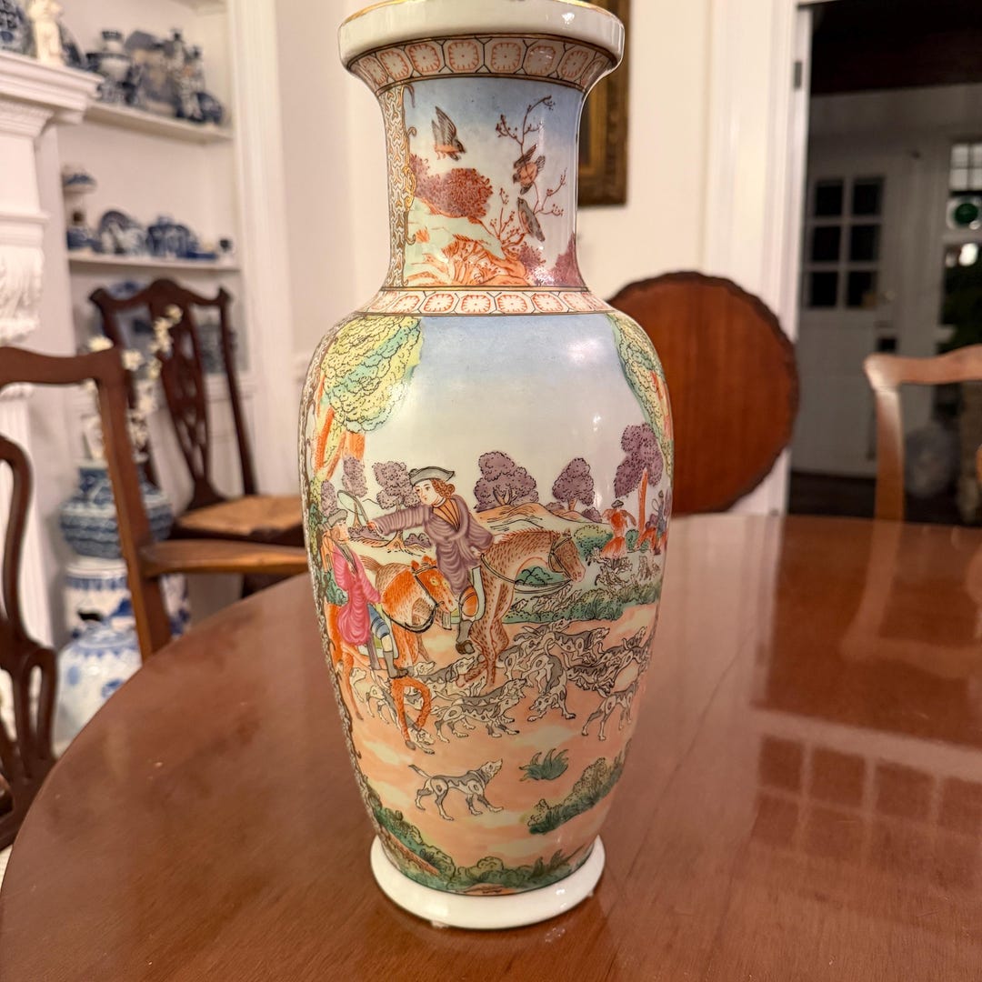 Tally-ho! Vintage Hunt Scene Vase • Famille Rose Porcelain ...