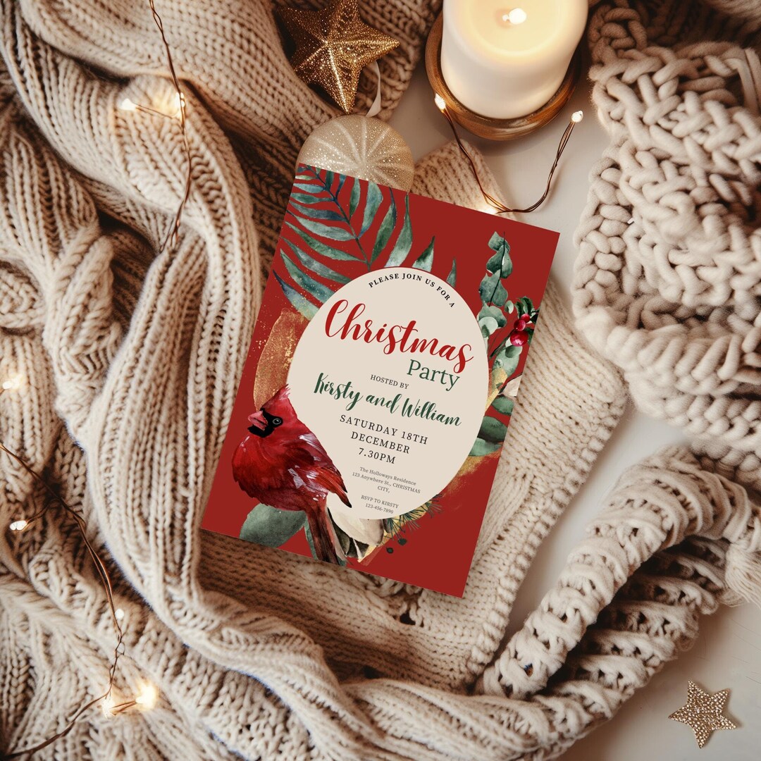 Red Cardinal Christmas Party Invitation: Editable Festive Design ...
