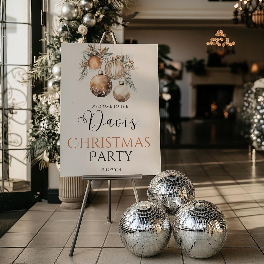 Christmas Party Welcome Sign, Gold Bauble Holiday Party Sign, Editable ...