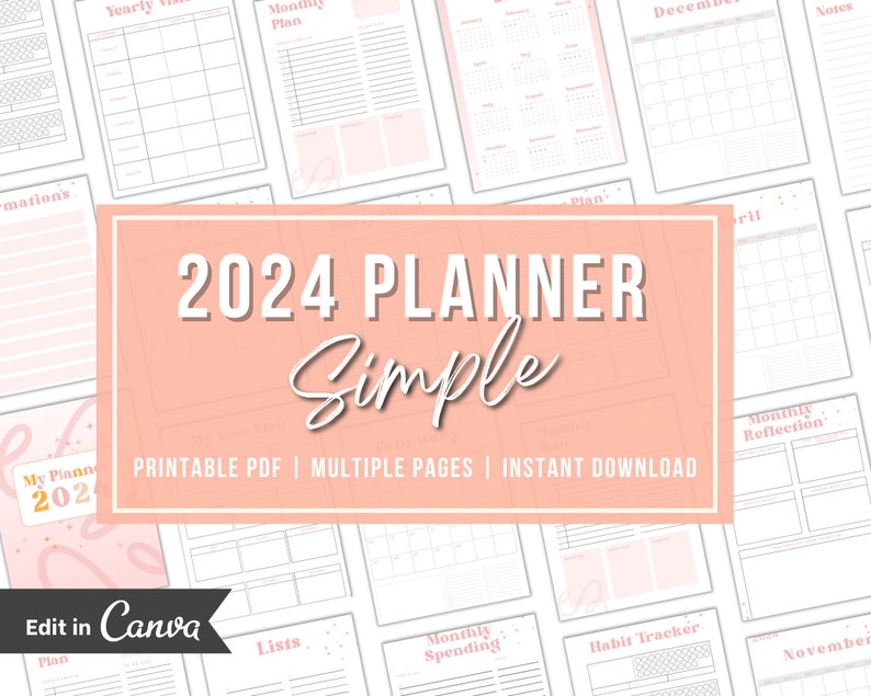 2024 Printable Monthly Planner: Minimalist Calendar, Editable Canva ...