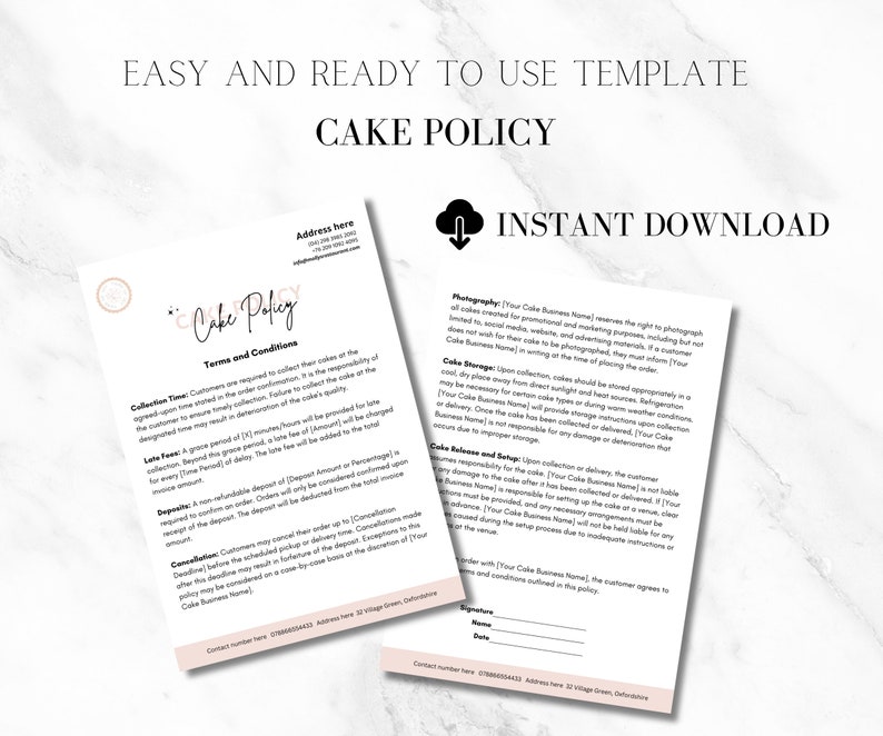 Editable Cake Contract, Cake Contract Form, Cake Terms and Conditions ...