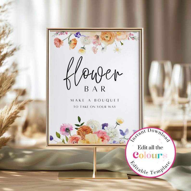 Wildflower Flower Bar Sign Template: Elegant Wedding, Shower Decor ...