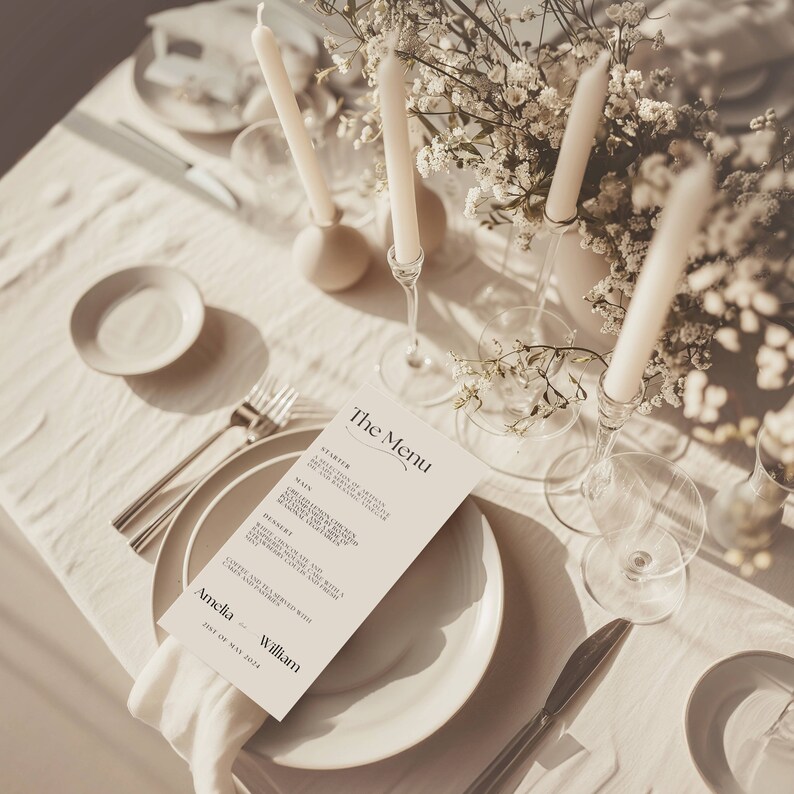 Minimalist Wedding Menu Template, Modern Script Wedding Dinner Menu ...