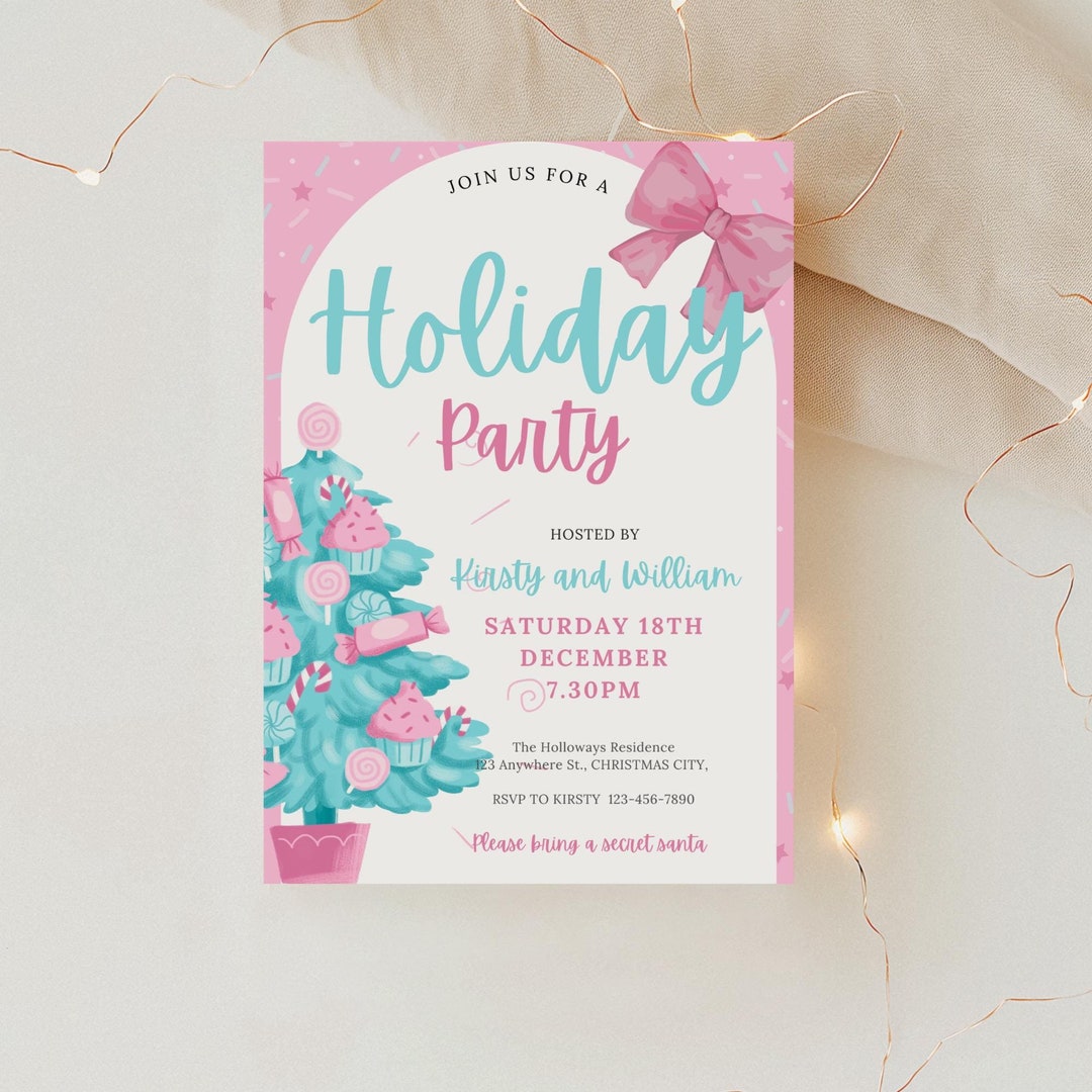 Pink Holiday Party Invitation, Cute Christmas Party Invitation Template ...