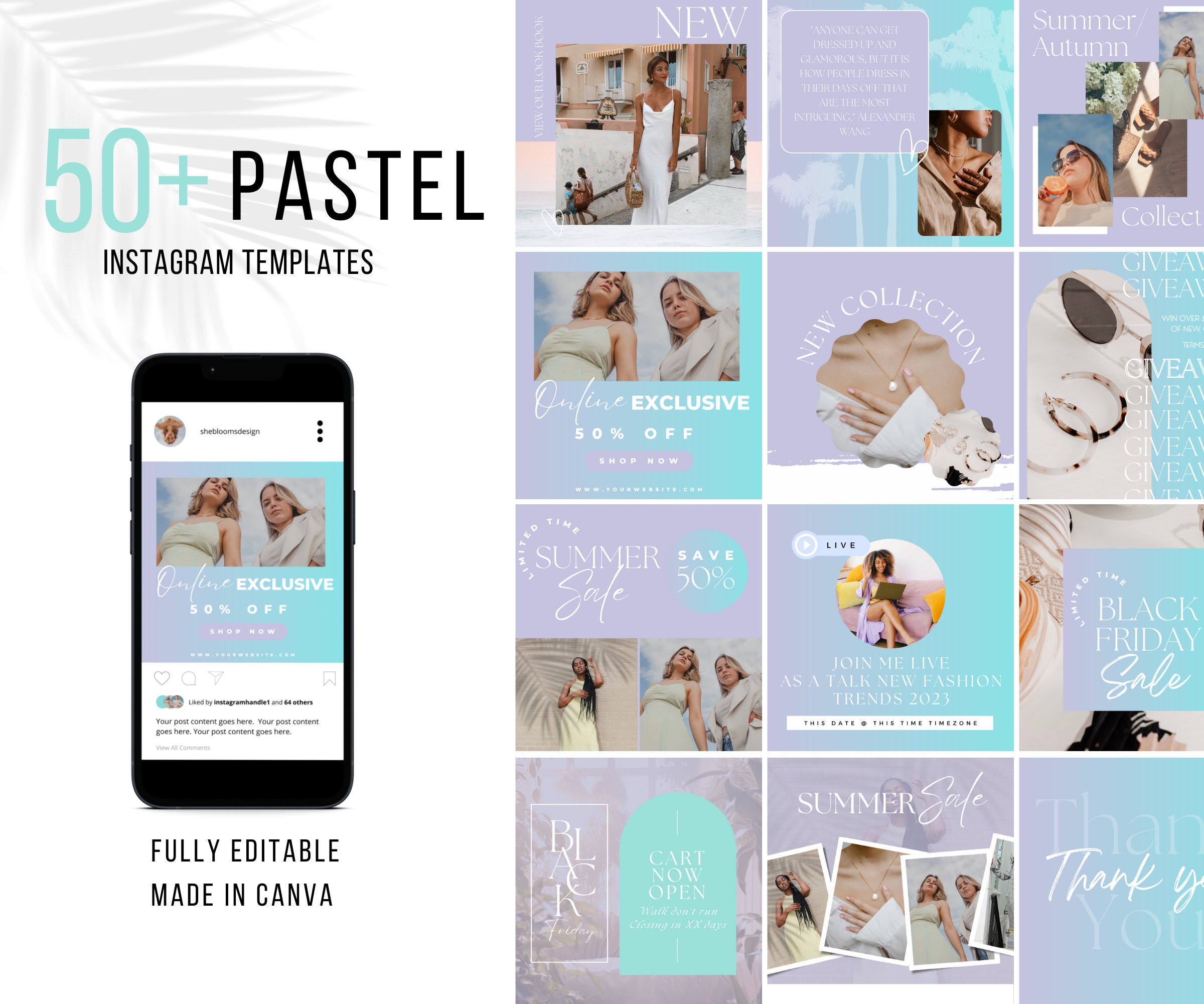 Ombre Pastel Instagram Post Templates: Editable Canva Social Media (PDF ...