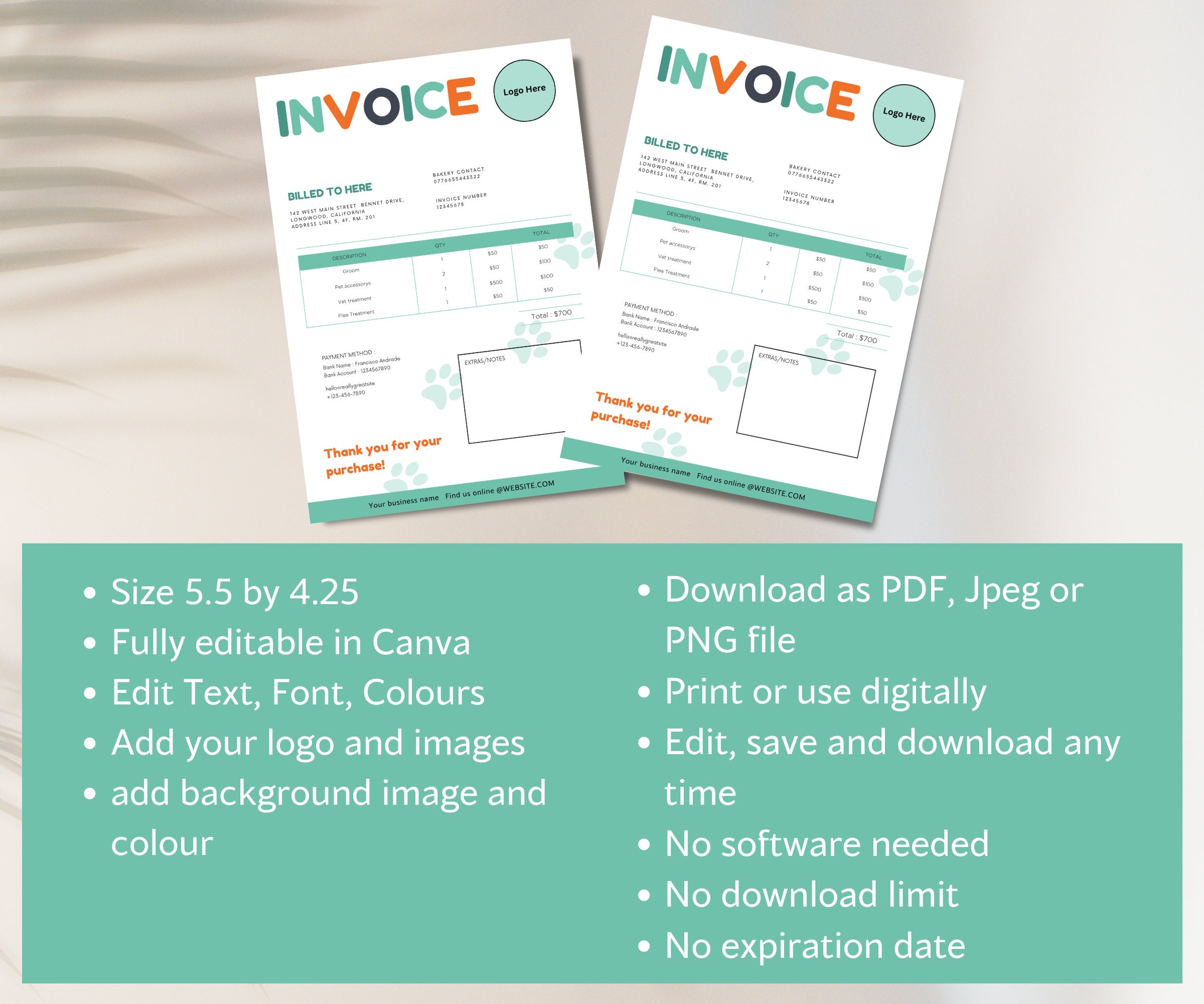 Editable Pet Business Invoice Template: Dog Walker, Groomer (canva ...