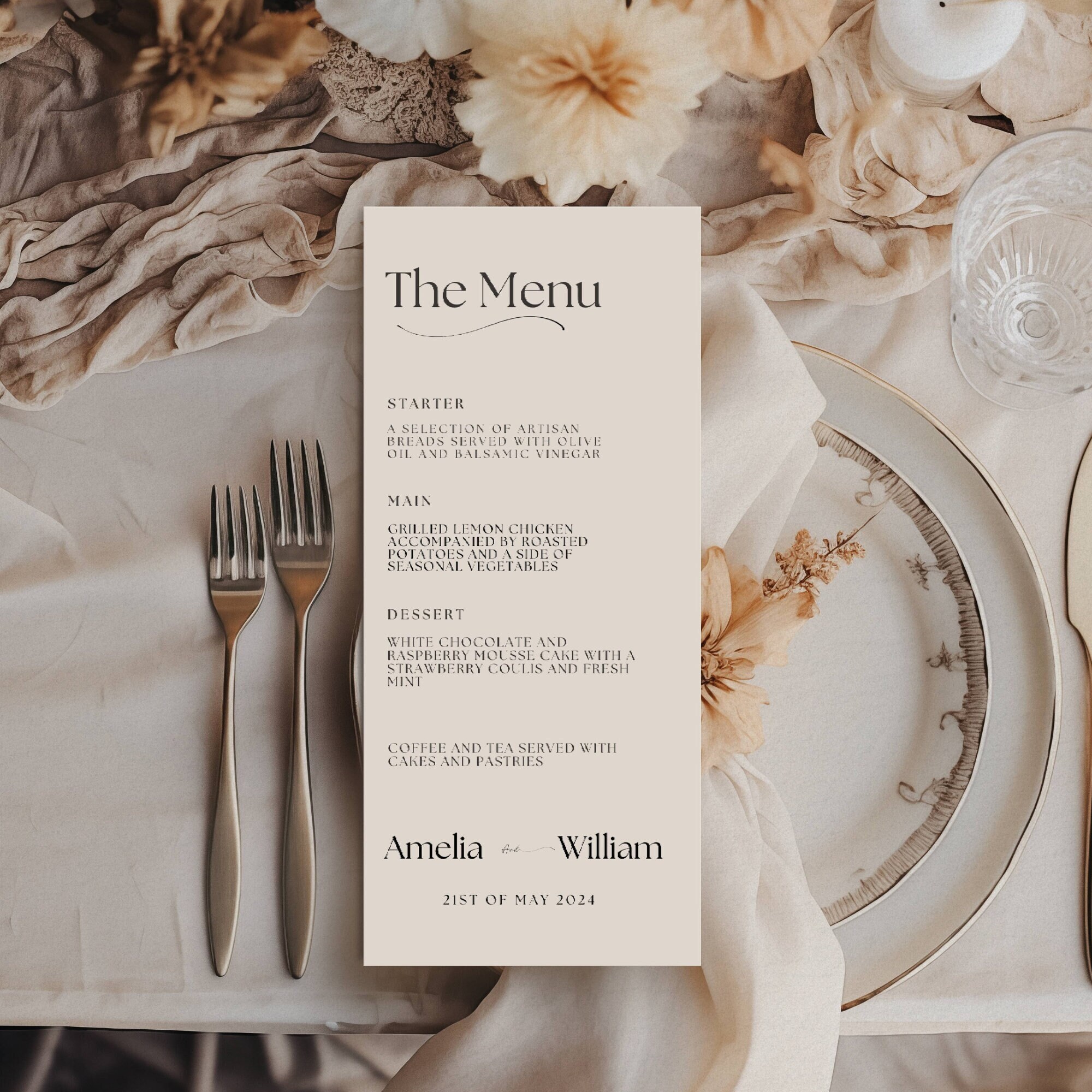 Minimalist Wedding Menu Template, Modern Script Wedding Dinner Menu ...