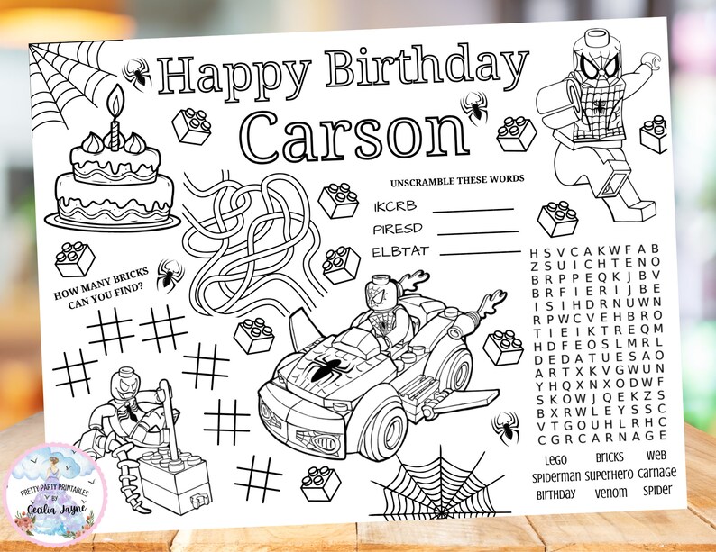 Spiderman Lego Birthday Coloring Placemat - Etsy