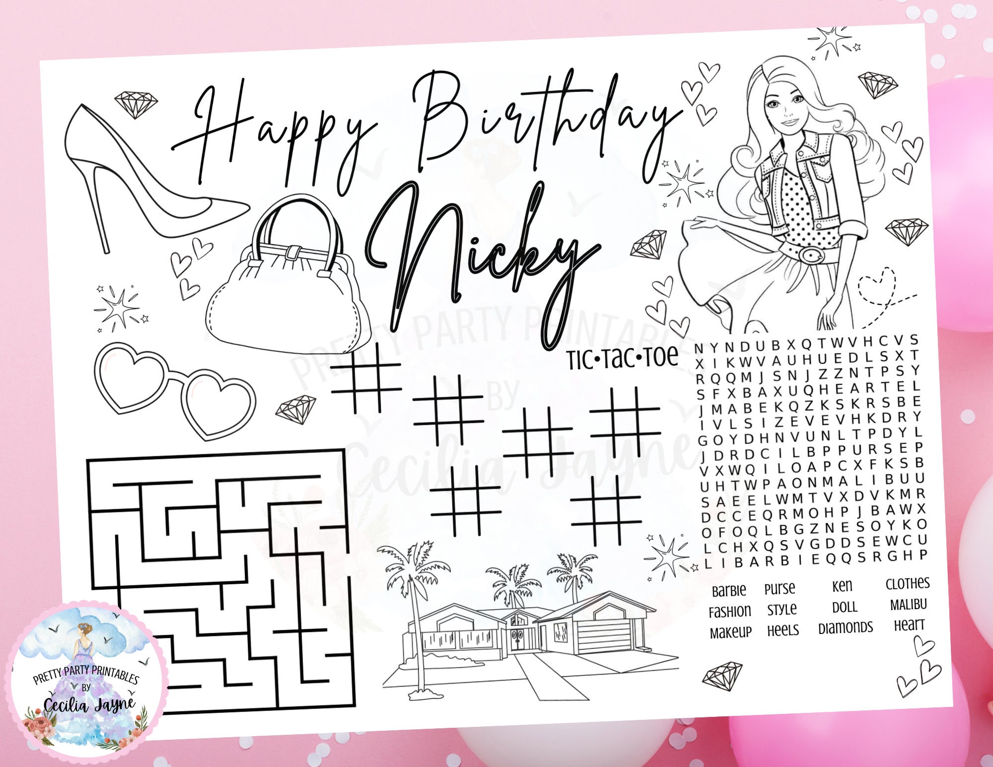 Barbie Birthday Coloring Placemat - Etsy