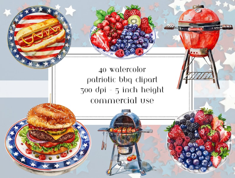 Patriotic BBQ Clipart: 4th of July, Red White & Blue (digital Download ...