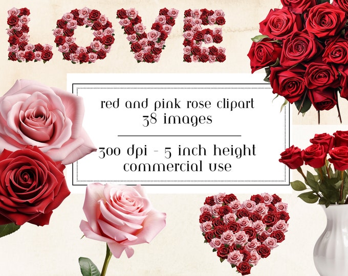 Vintage Roses Valentine's Day Clipart, Watercolor Deep Red Roses Art ...