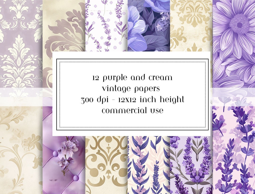Purple Cream Floral Digital Paper: Vintage Clipart (12x12) - Etsy