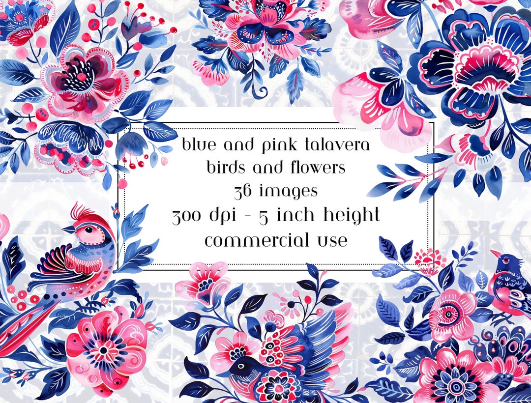 Blue and Pink Watercolor Talavera, Talavera Clipart, Watercolor ...