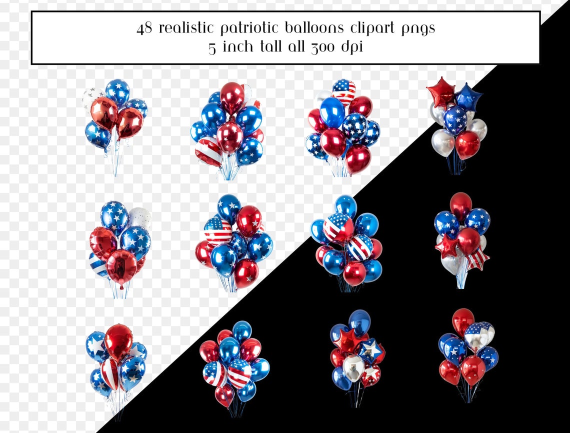 Patriotic Balloons Clipart: Red, White, and Blue USA Graphics (digital ...