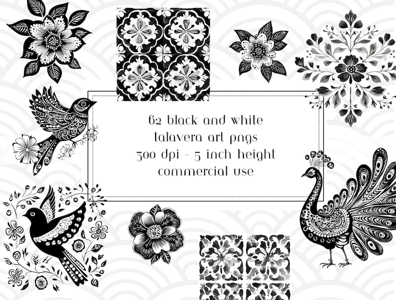 Black and White Talavera Tile and Art, Talavera Clipart, Watercolor ...