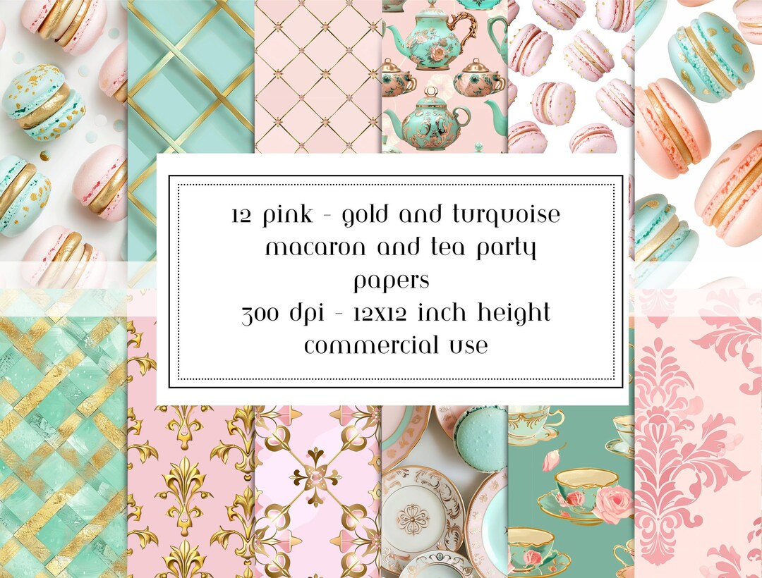 Pink Gold and Turquoise Digital Paper Clipart, Tea Party Clipart Paper ...