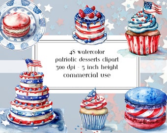4th of July Watercolor Desserts Clipart, USA Holiday Sweets Food ...