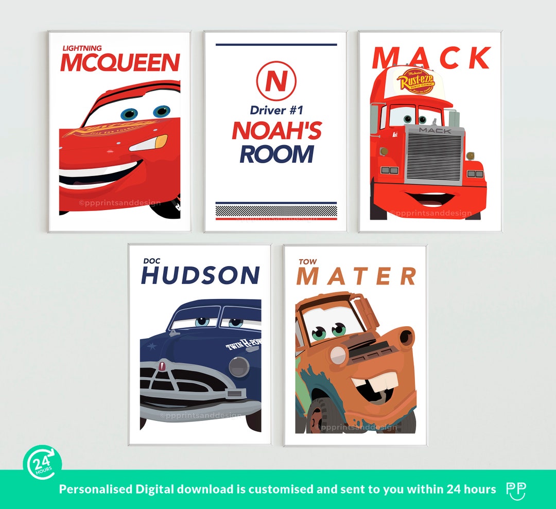 5 Set Customisable Cars Pixar Prints for Nursery Lightning Mcqueen Mac ...