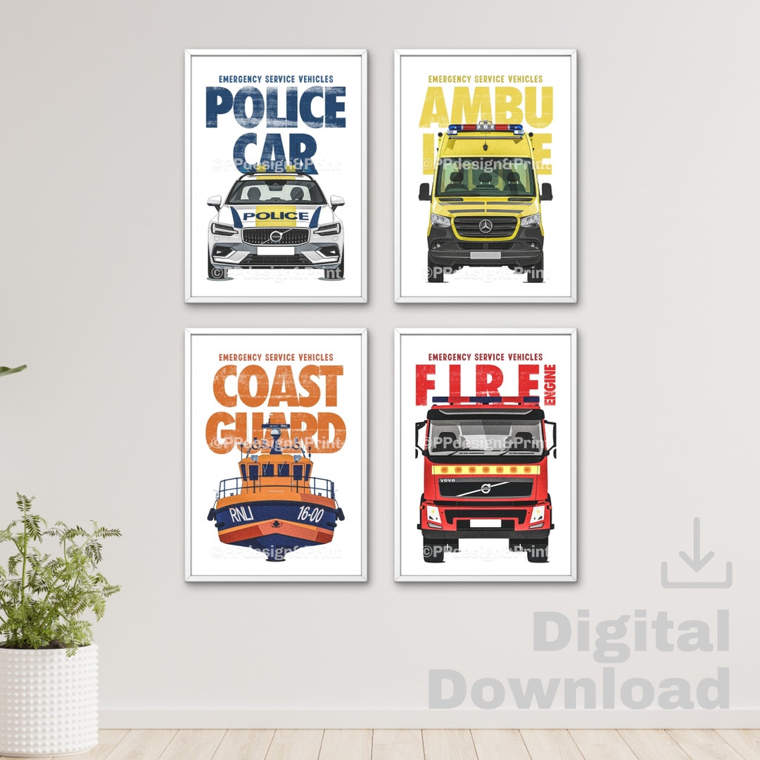 Set of 4 Emergency Vehicle Printables, Emergency Prints, Transportation ...