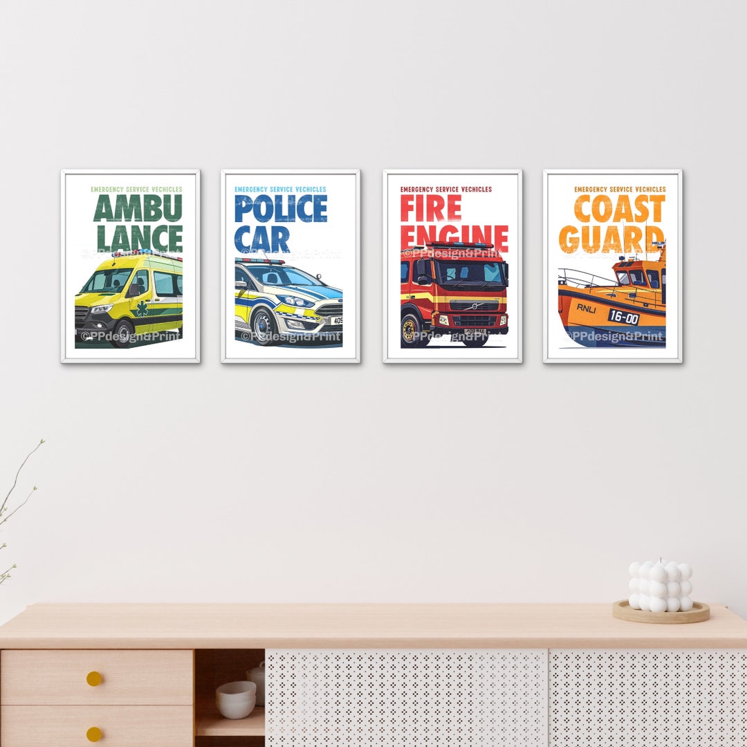 Set of 4 Emergency Vehicle Prints, Emergency Prints, Transportation ...