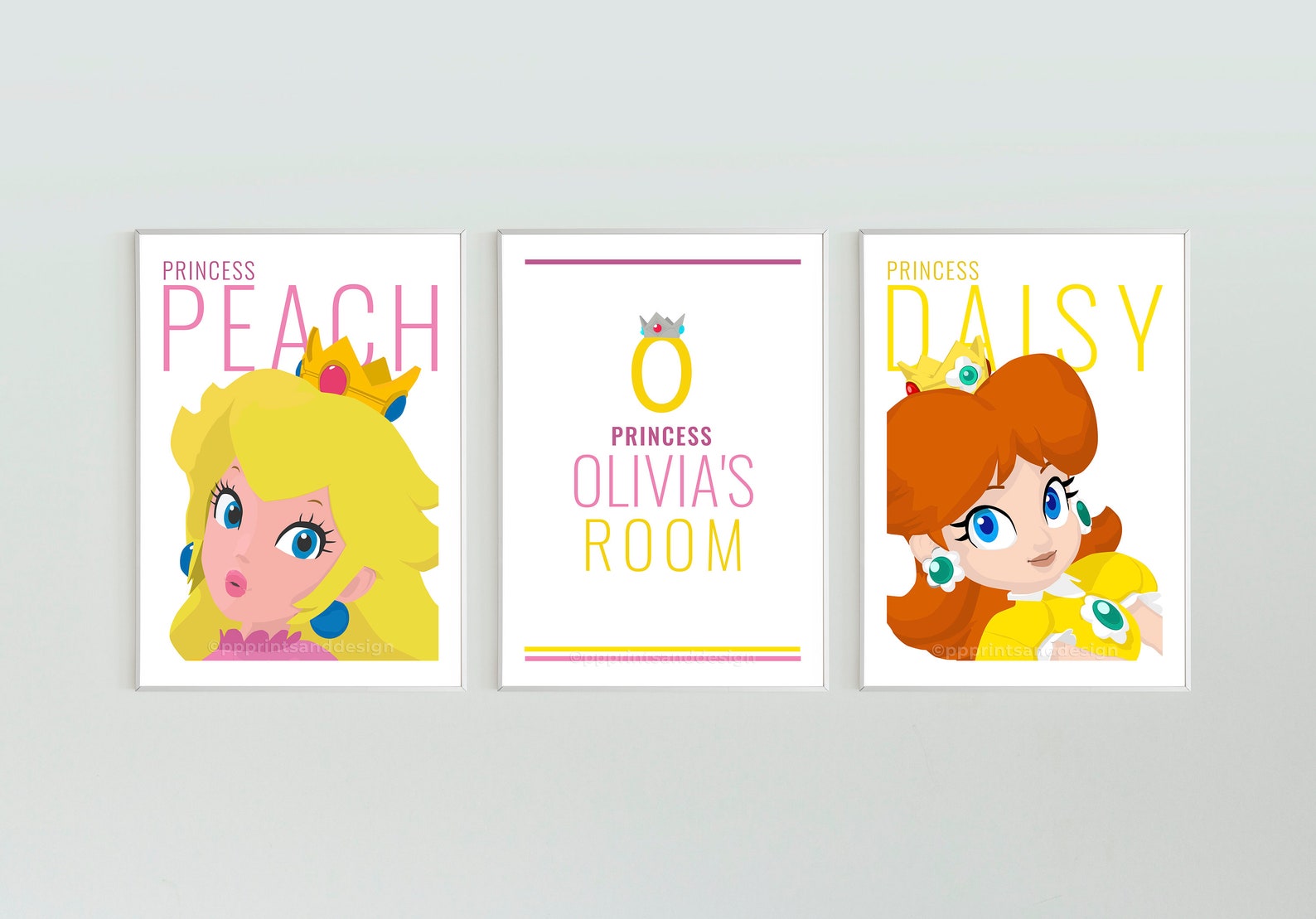 Set of 3 Mario Princesses Print Set Personalised Graphic, Childs Room ...