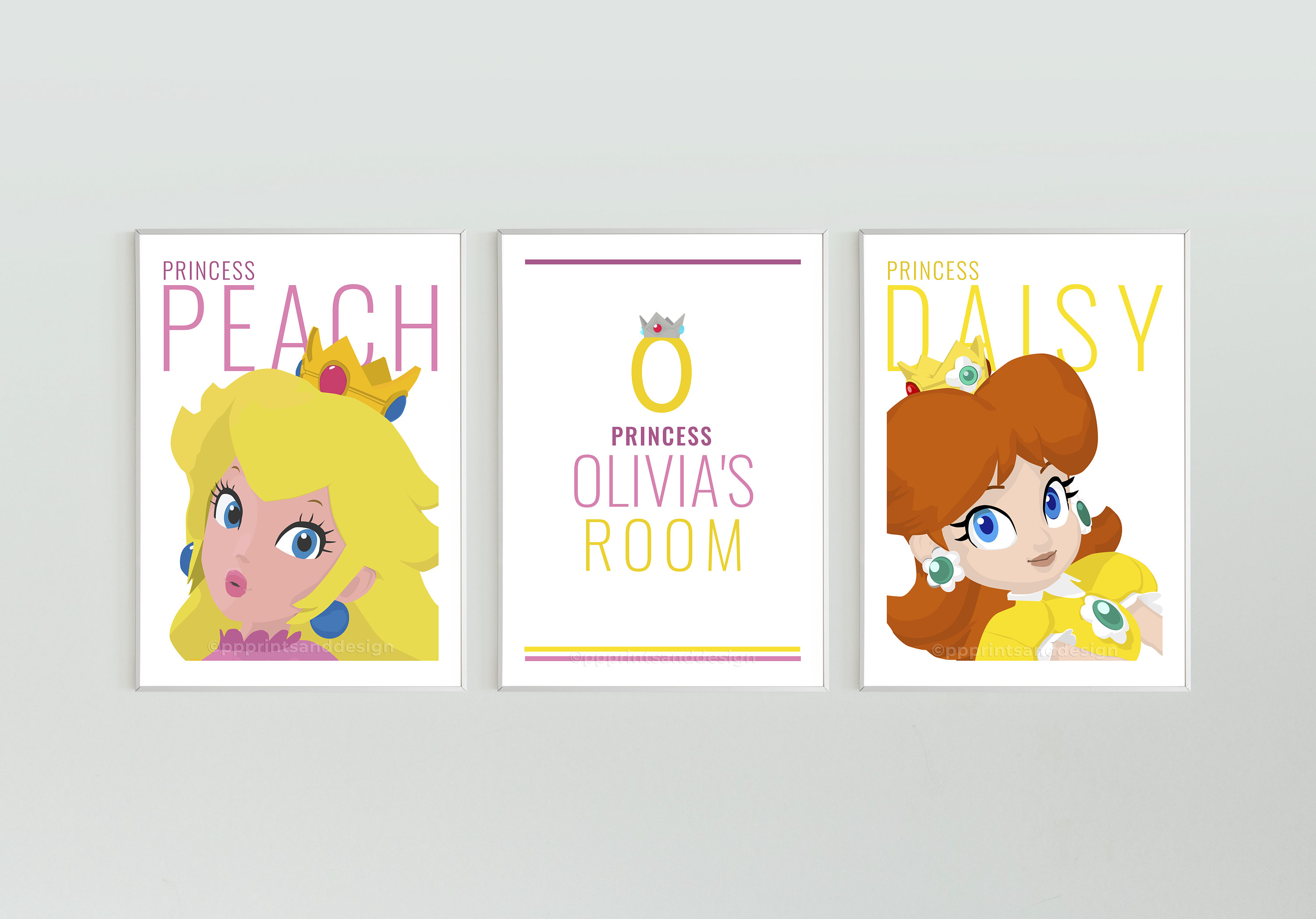 Set of 3 Mario Princesses Print Set Personalised Graphic, Childs Room ...