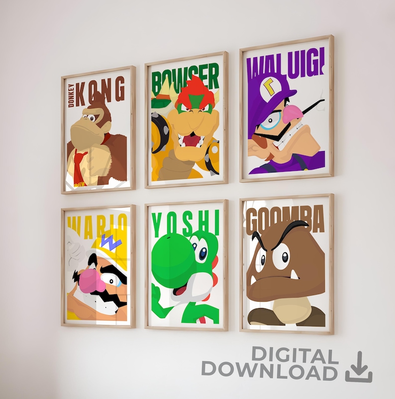 Mario Character Prints: Minimalist Gamer Art, Kids Room Decor (digital ...