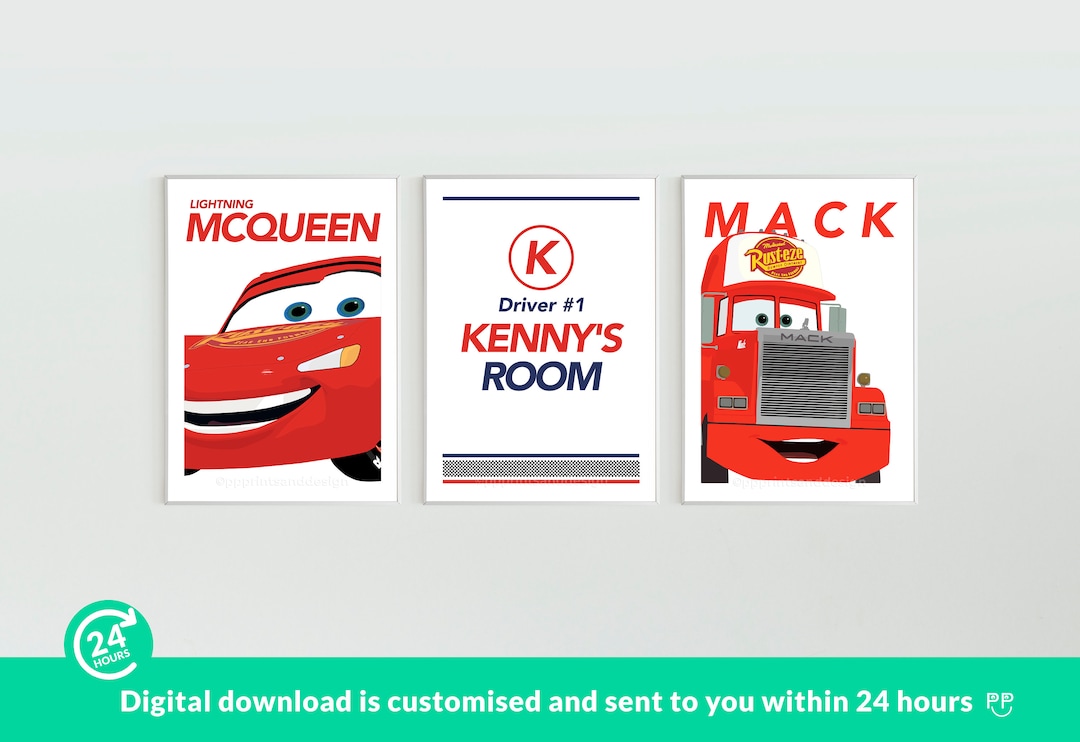 Set of 3 Customisable Cars Pixar Prints for Nursery, Lightning Mcqueen ...