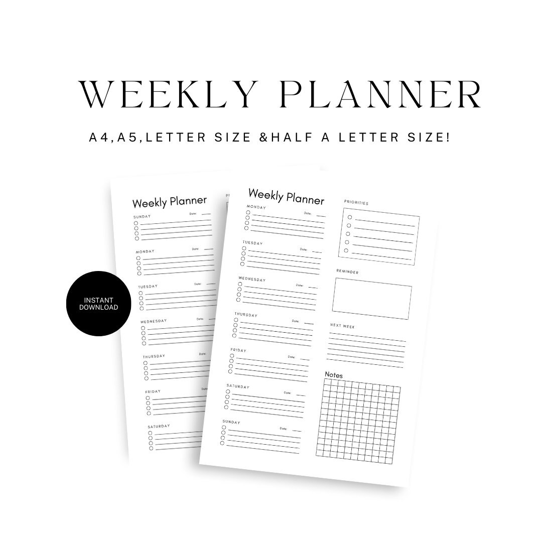 Undated Weekly Planner, Printable Weekly Planner, Black and White ...
