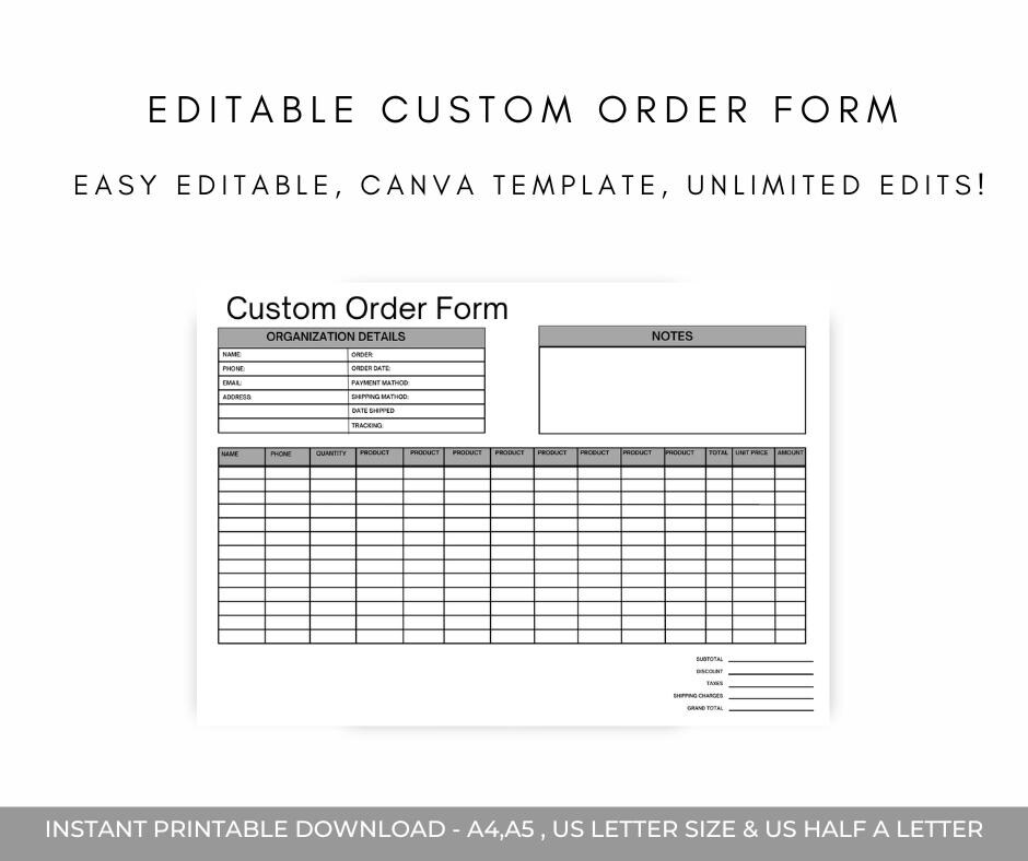 Editable Custom Order Form, Custom Order Form, Order Form Template ... Editable Custom Order Form, Custom Order Form, Order Form Template ...