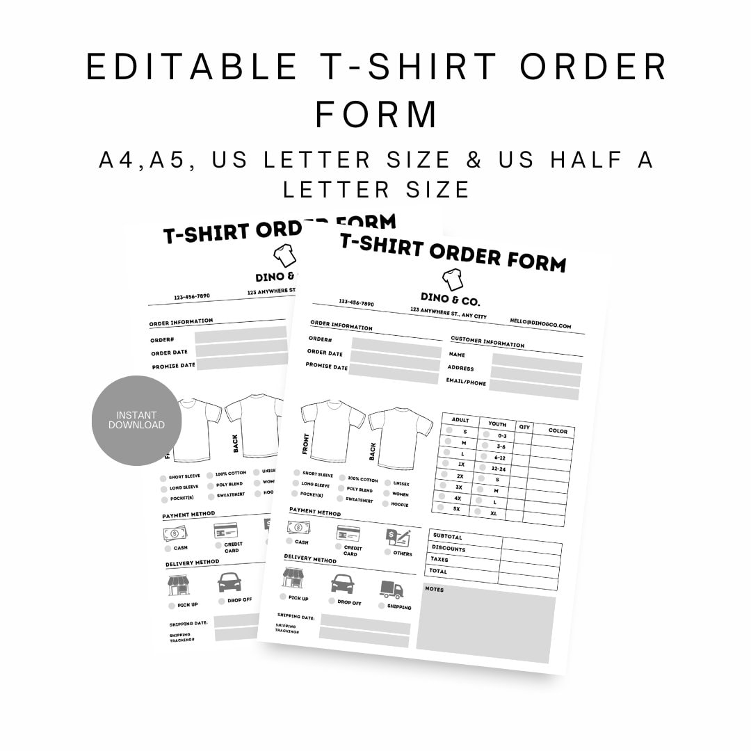 Editable Shirt Order Form Template, Printable T Shirt Order Form ...
