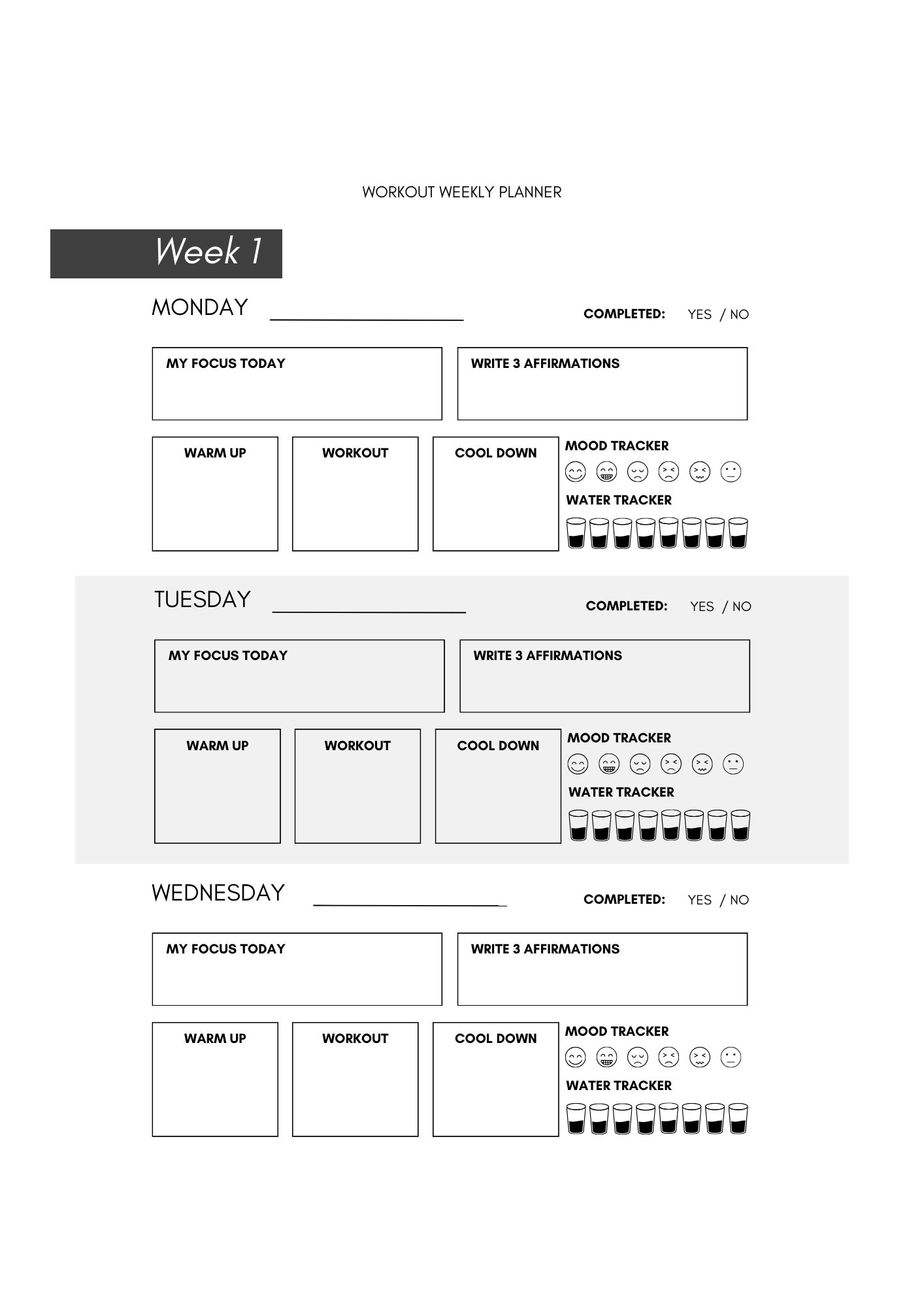 Weekly Workout Planner Printable, Daily Workout Planner, Fitness ...