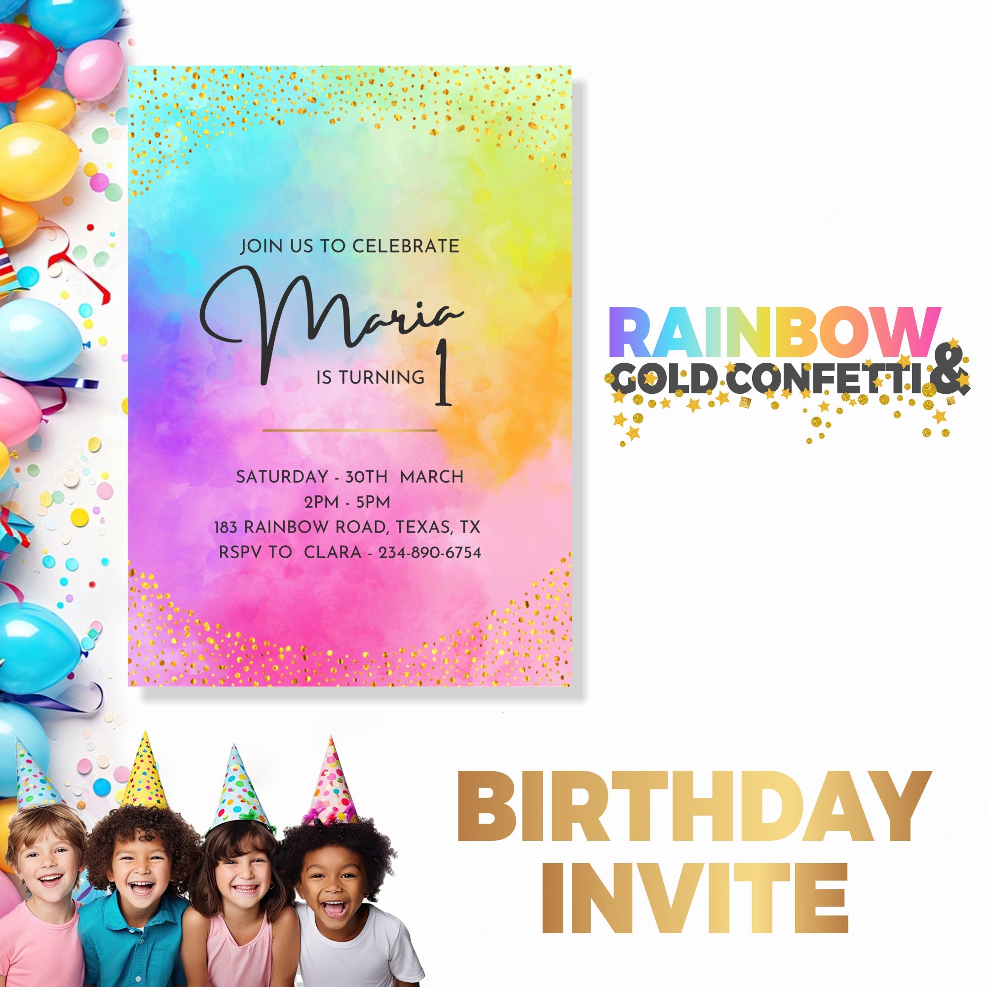 Rainbow Birthday Invitation, Rainbow Birthday Invite, Rainbow Birthday ...