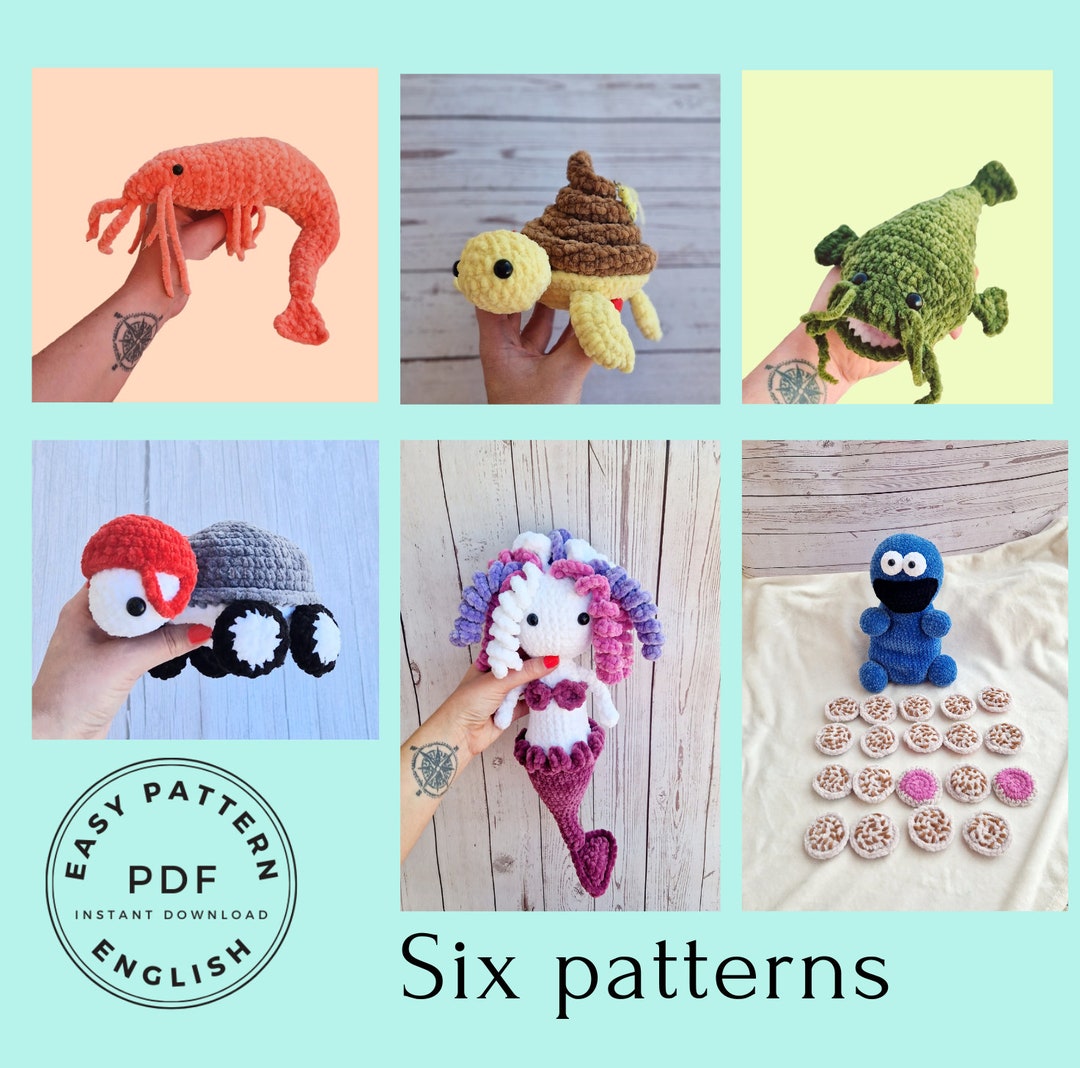 Bundle Six Crochet Patterns Amigurumi Shrimp Turtle Monster Mermaid ...